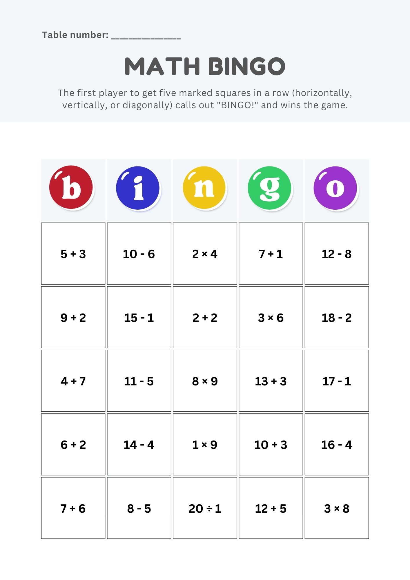Algebra Bingo Worksheets