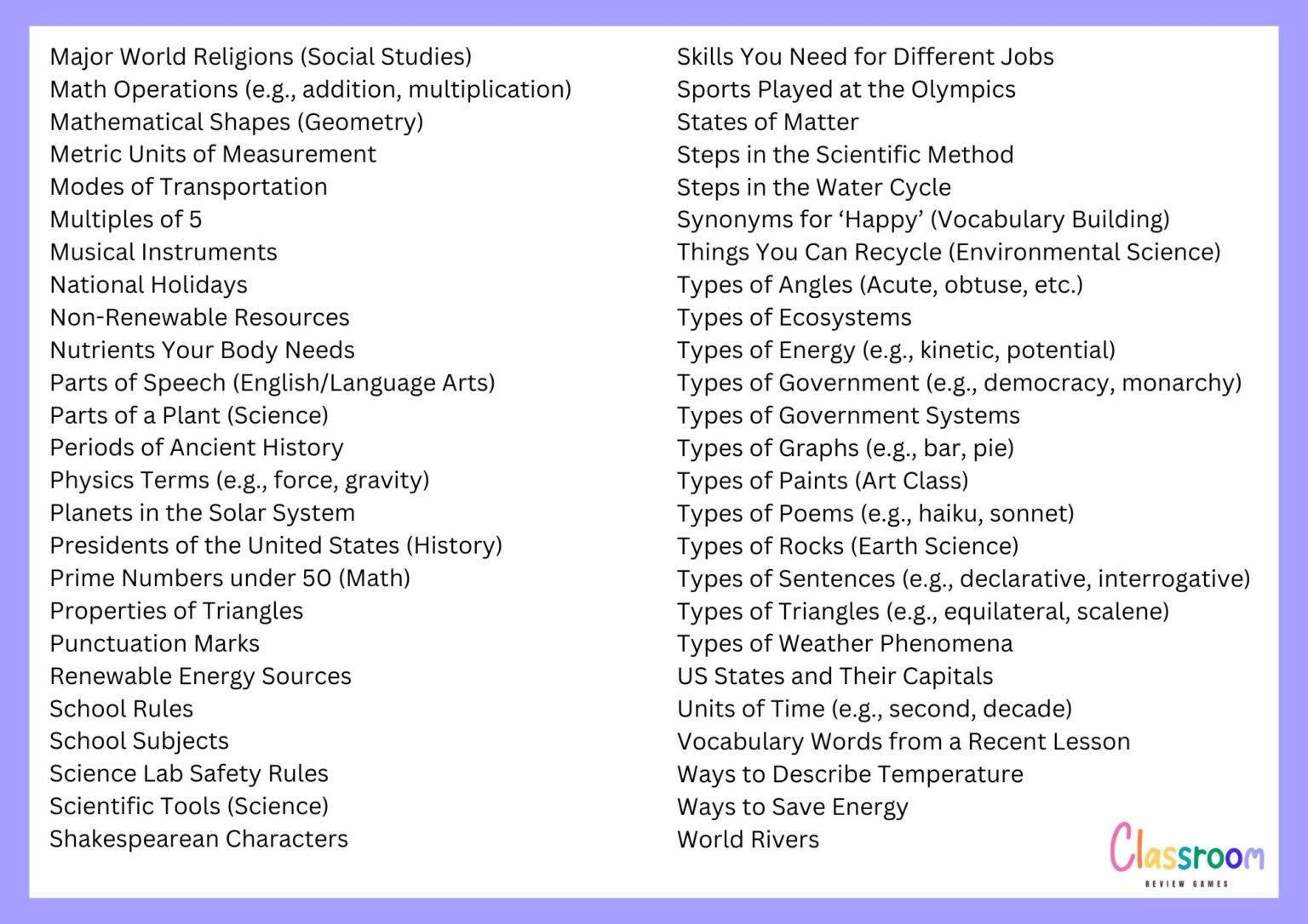 Categories Game for Students - Classroom Review Games