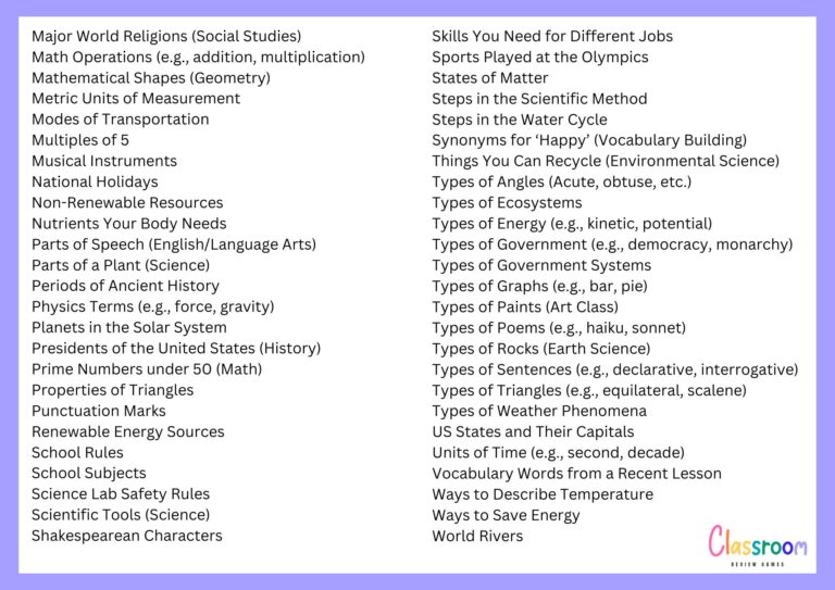 Categories Game for Students - Classroom Review Games